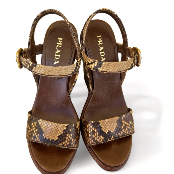 Shoes | Prada Snakeskin Wedge Leather Slingback Heels Authenticated ...